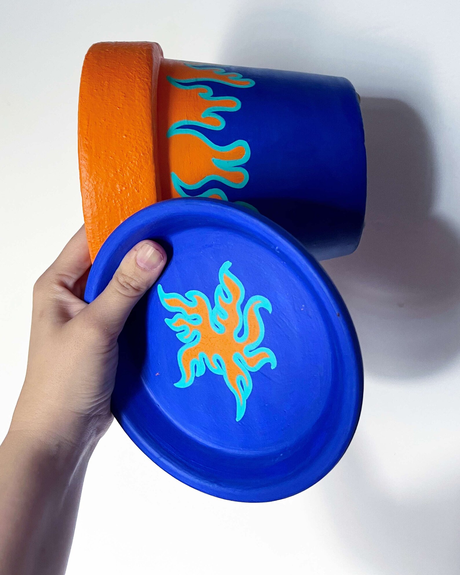 Large Pot on Fire Flame Blue Orange Hot Wheels Handmade Plant Flower ...