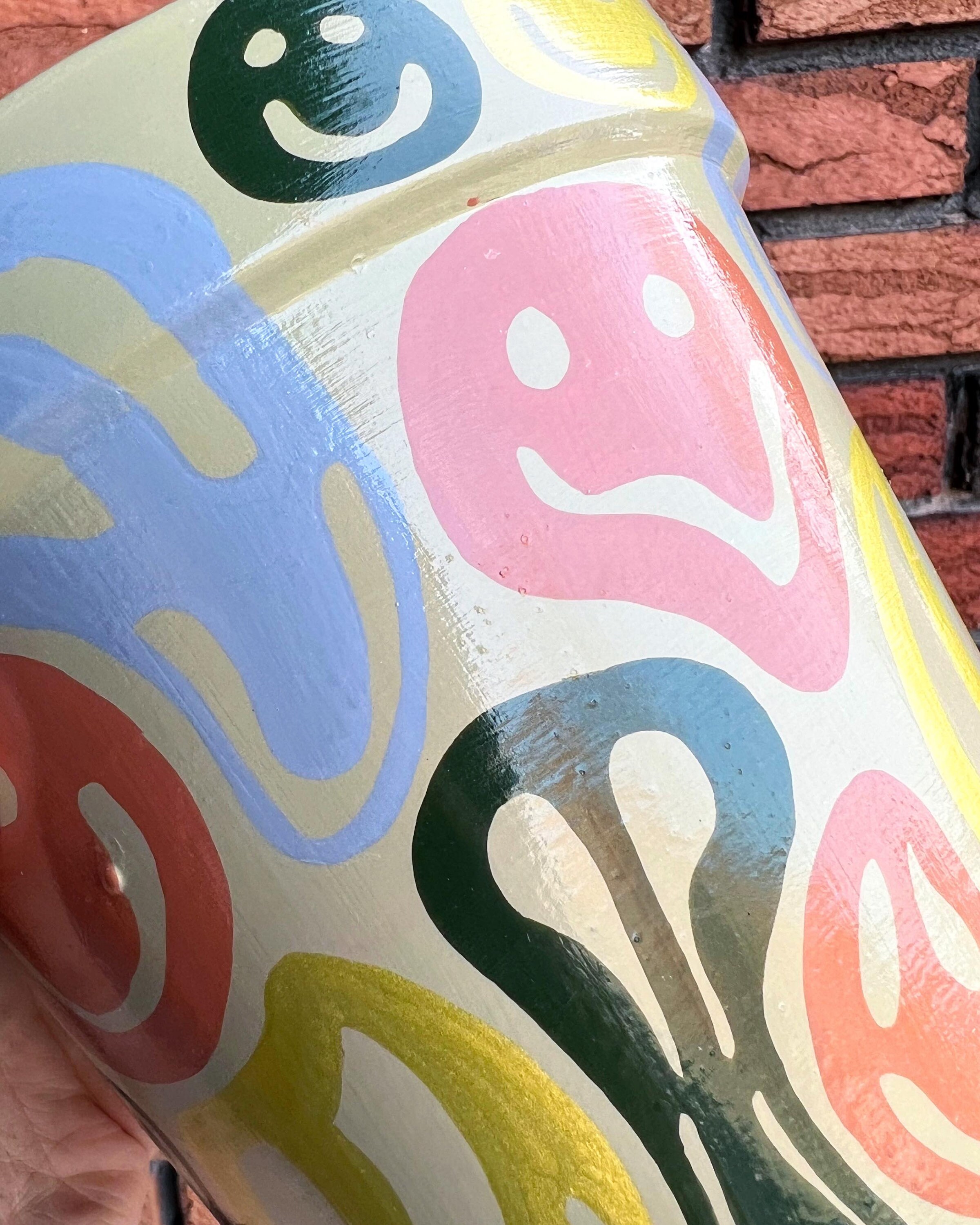 Big Psychedelic Smiley Flower Pot Neutral Color Beige Large Brown Green ...