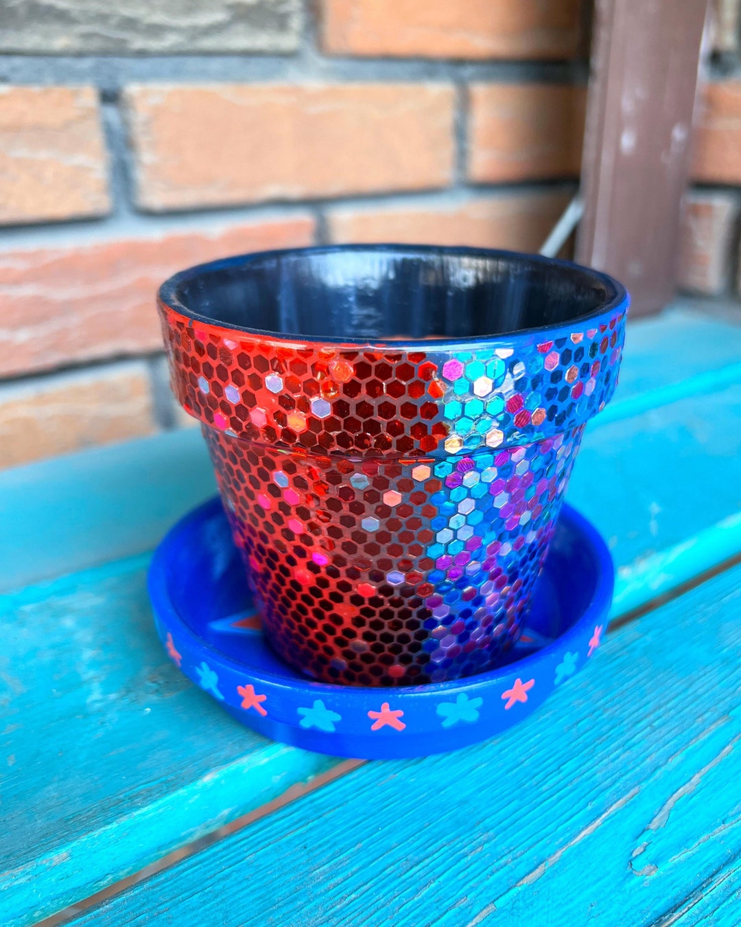 Medium Glitter Pot Circus Blue Red Star Show Plant Garden Gardening ...
