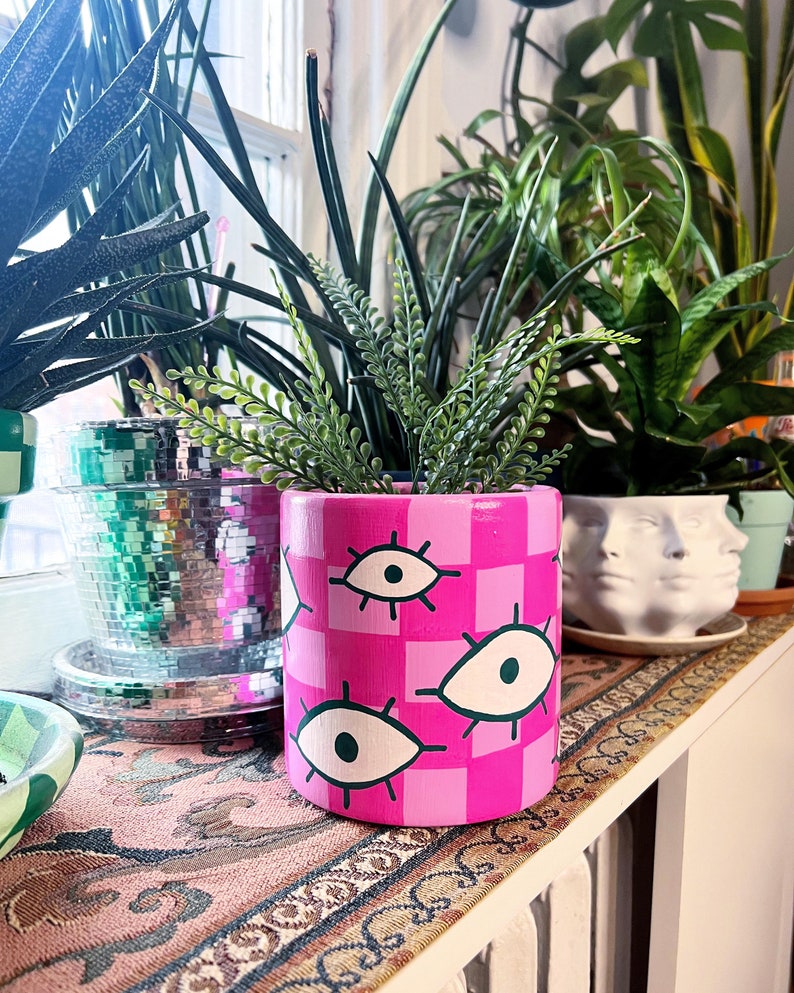 Big Checker Pot Square Eyes Pattern Pink Teal Plant Flower Garden ...