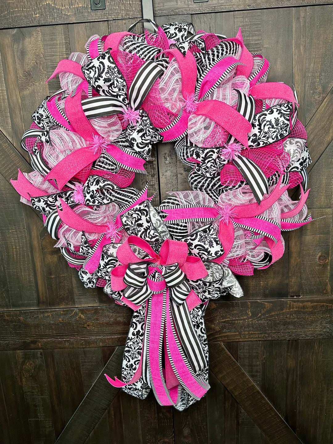 Chic Pink and Black Wreath, Stylish Wreath for Girls Room, Bold Pink ...