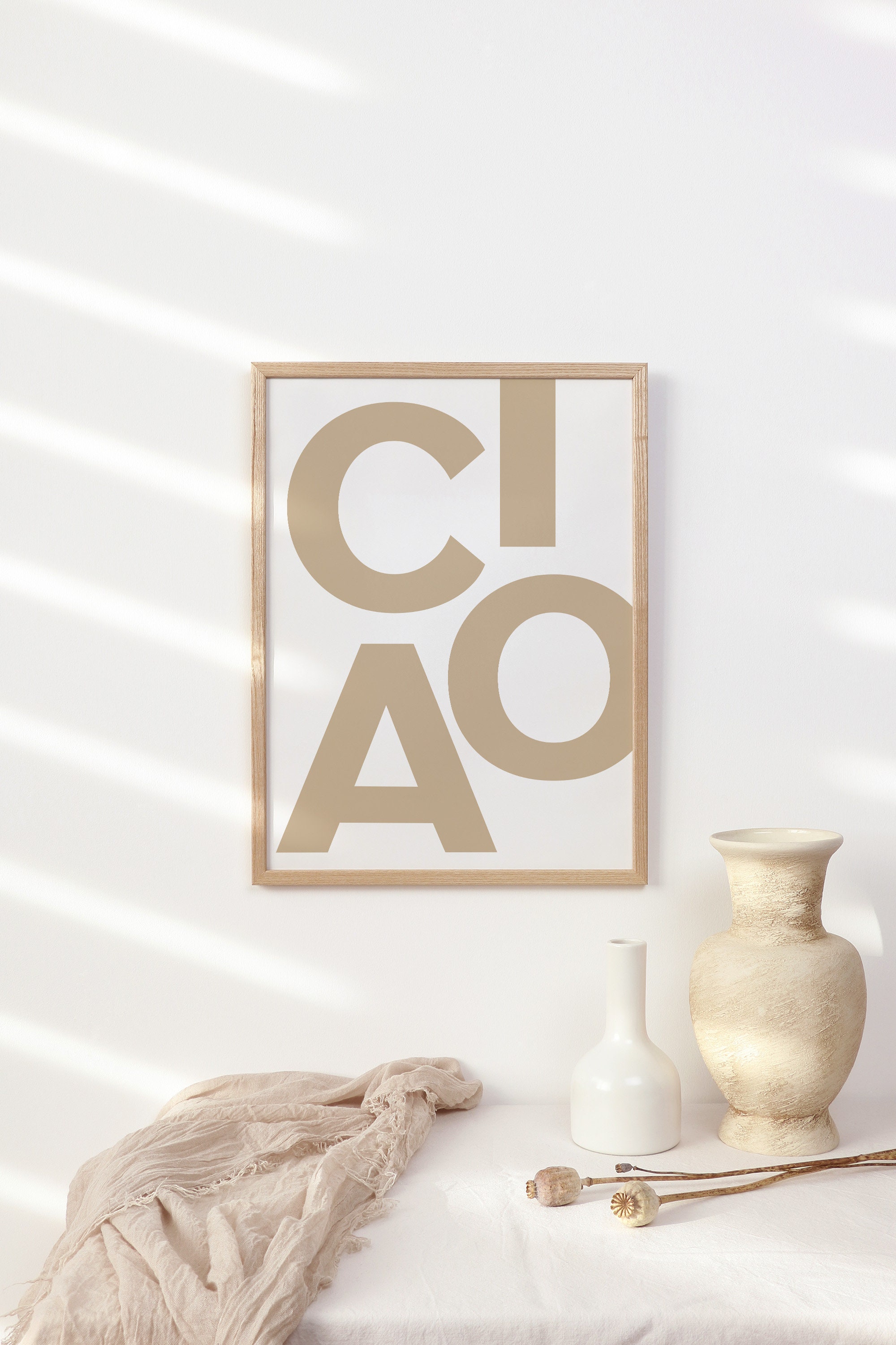 Ciao Poster, Tan Beige Typography Wall Art, Italian Quote Print, Chic ...
