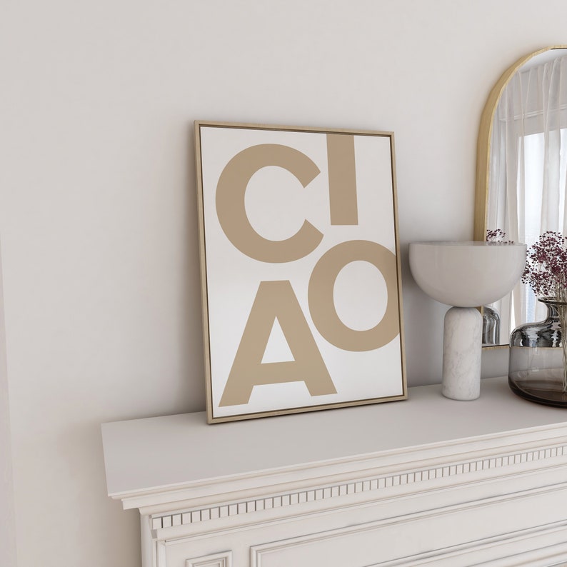 Ciao Poster, Tan Beige Typography Wall Art, Italian Quote Print, Chic ...