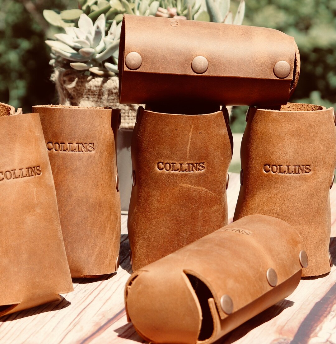 SNAP EDGE Leather Beer Hugger, Rustic Drink Sleeve, Personalized ...