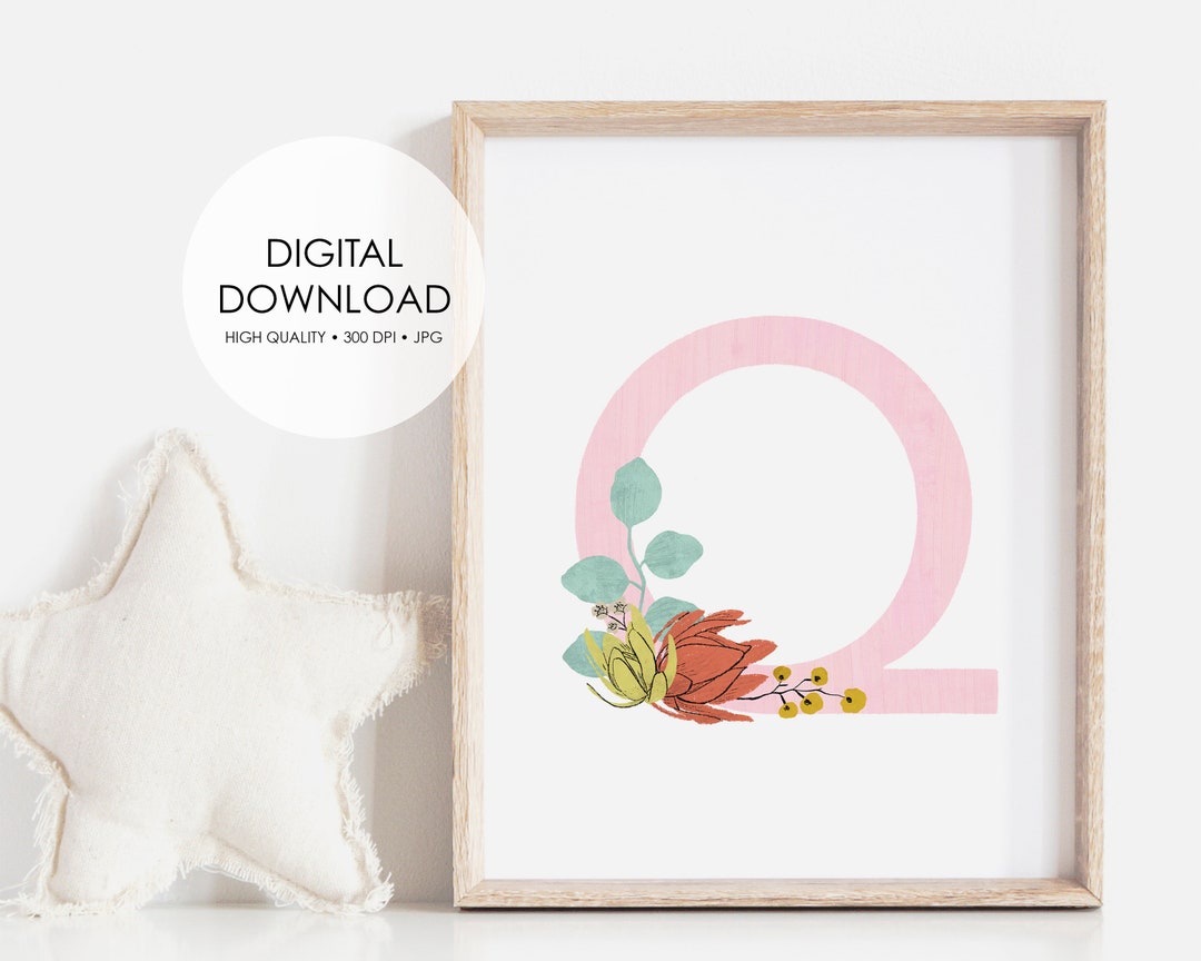 Floral Letter Q Name Sign Printable - Initial Sign Wall Art - Nursery ...