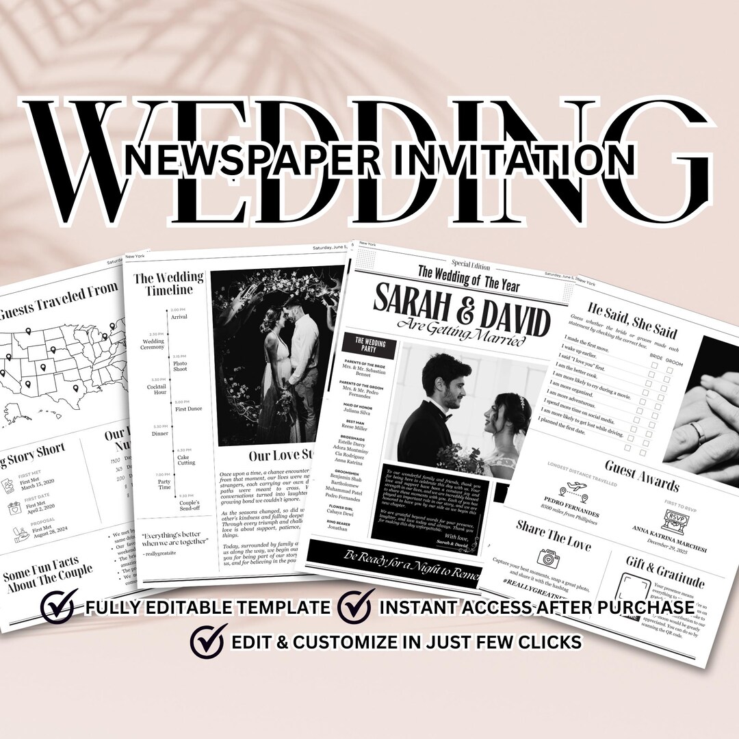 4 Page Wedding Newspaper Canva Template, Editable Wedding Newspaper ...