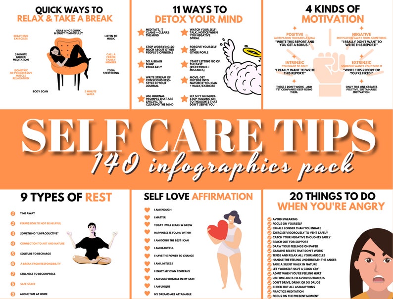 140 Self Care Tips Mental Health Infographics Self Help | Etsy