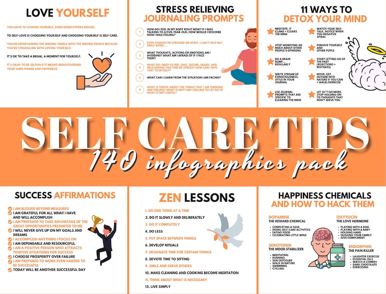 140 Self Care Tips Mental Health Infographics Self Help | Etsy