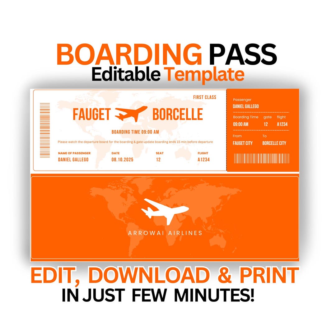 Custom Plane Ticket Template, Fake Boarding Pass Template, Editable ...