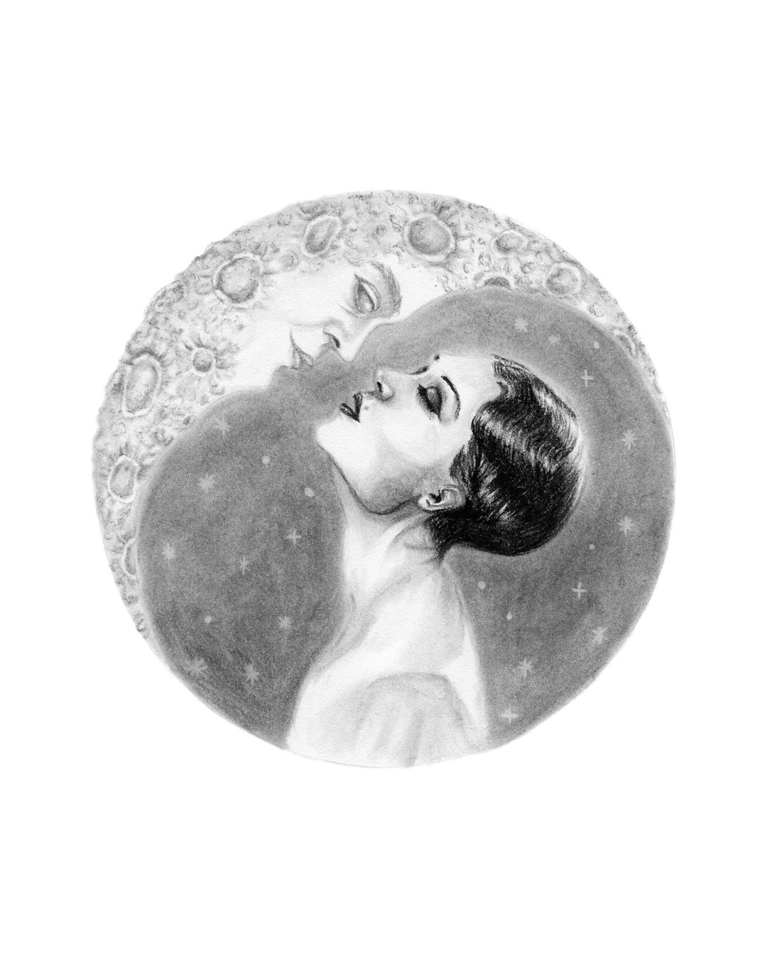 Vintage Moon Lovers Charcoal Print 5x7 or 8x10 Giclee - Etsy