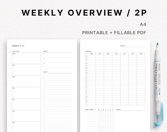 Simple Weekly Diary Line A4 Printable Planner Insert WO2P Horizontal ...