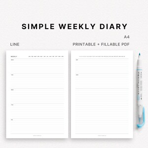 Simple Weekly Diary Line A4 Printable Planner Insert WO2P Horizontal ...