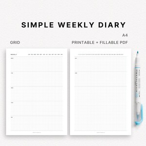 Simple Weekly Diary Grid A4 Printable Planner Insert WO2P Horizontal ...