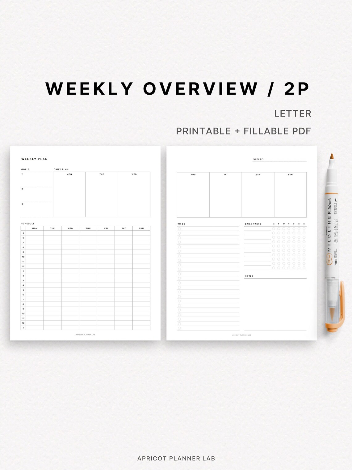 Weekly Overview Letter Printable Planner Insert WO2P Week on 2 Pages ...