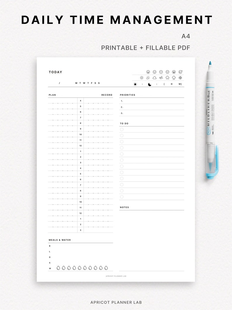 Daily Time Management A4 Printable Planner Insert DO1P Daily Schedule ...
