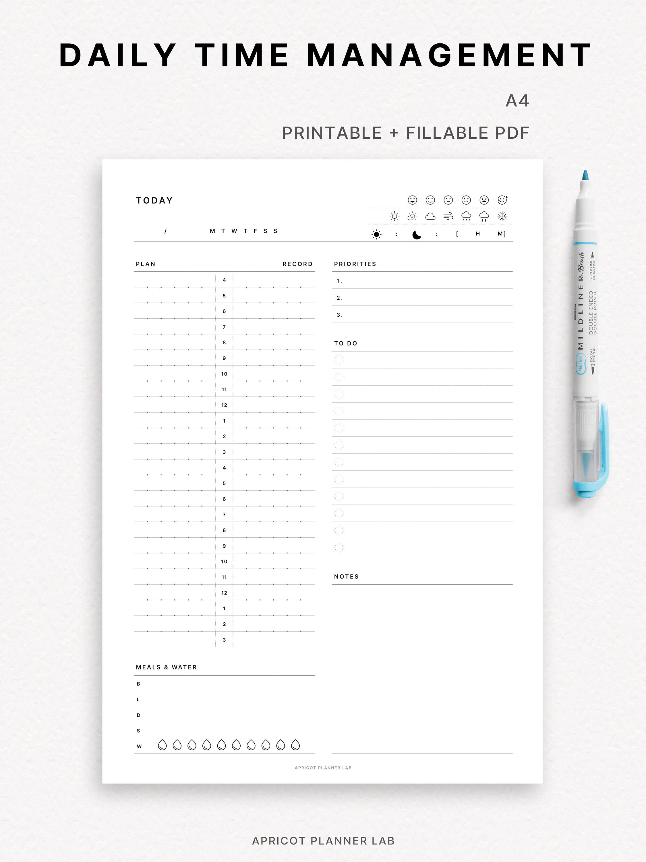 Daily Time Management A4 Printable Planner Insert DO1P Daily Schedule ...