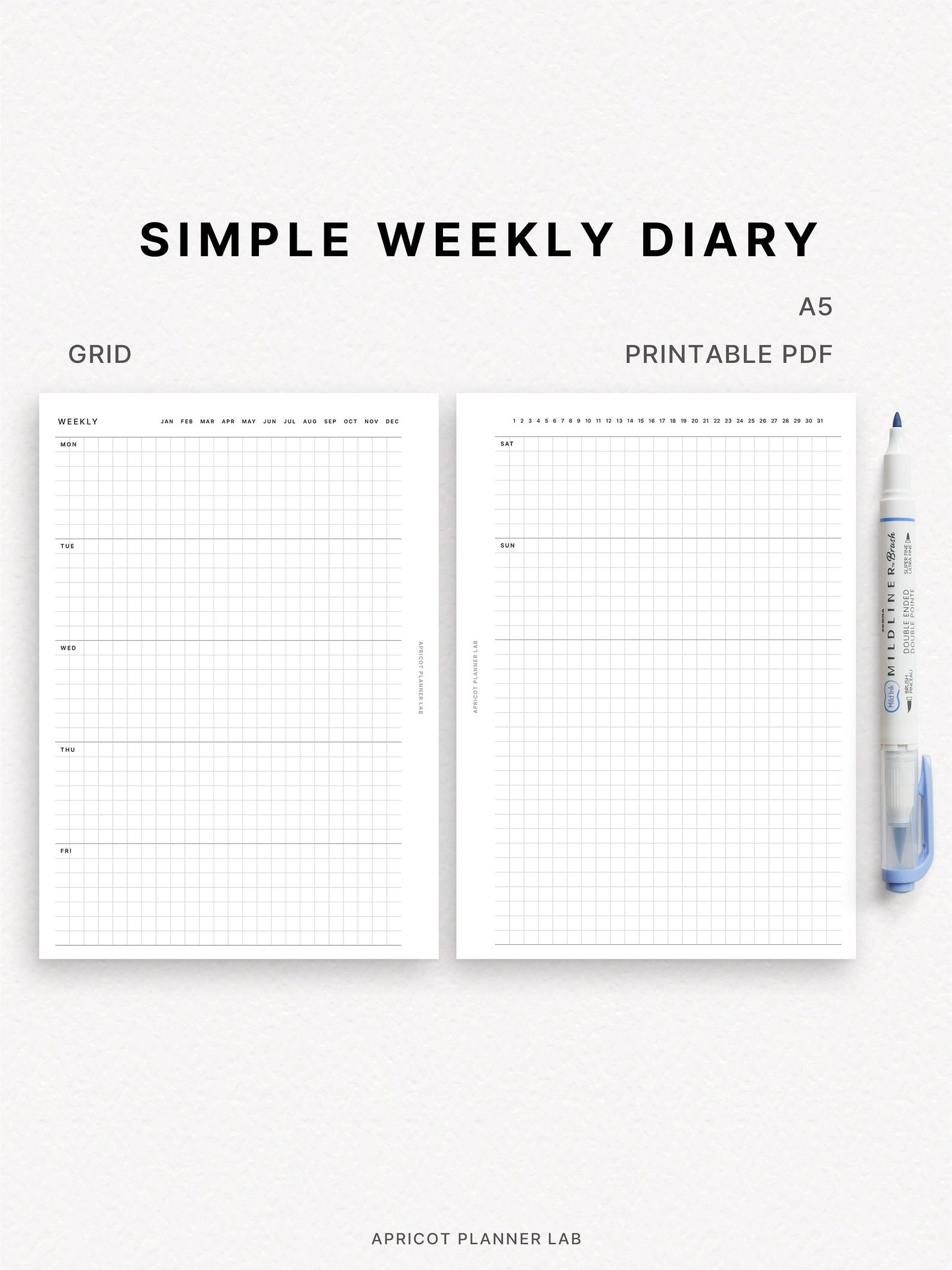 Simple Weekly Diary A5 Grid Printable Planner Insert WO2P Horizontal ...