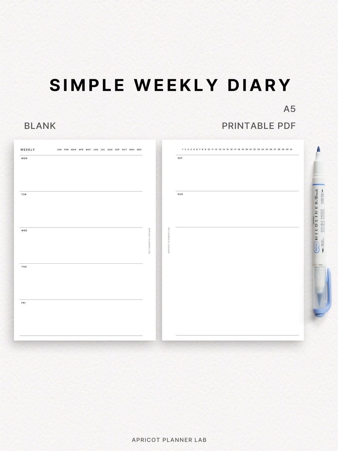 Simple Weekly Diary A5 Printable Planner Insert Blank WO2P Horizontal ...