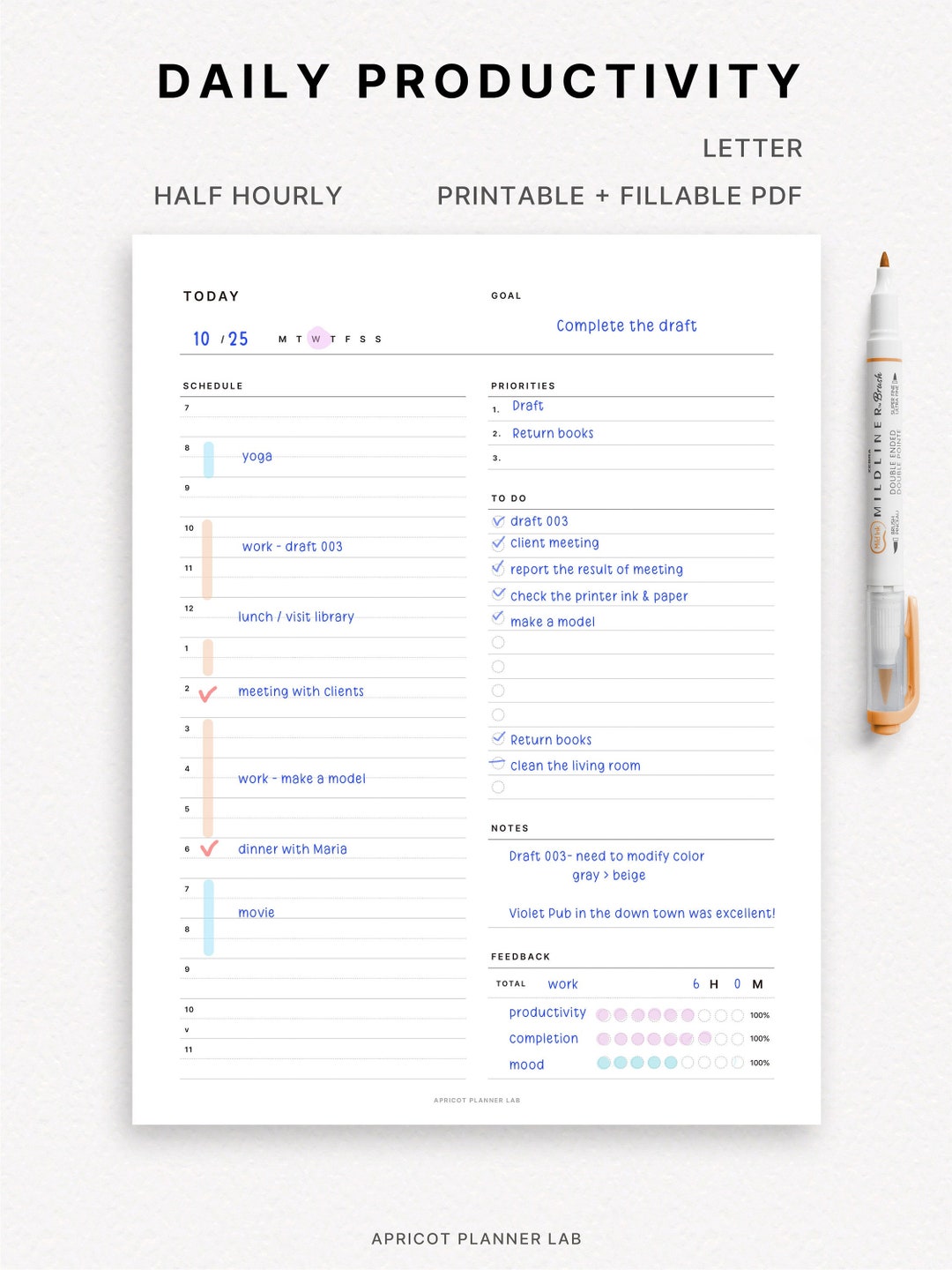 Daily Productivity Planner | Letter | Half Hourly Schedule | Printable ...