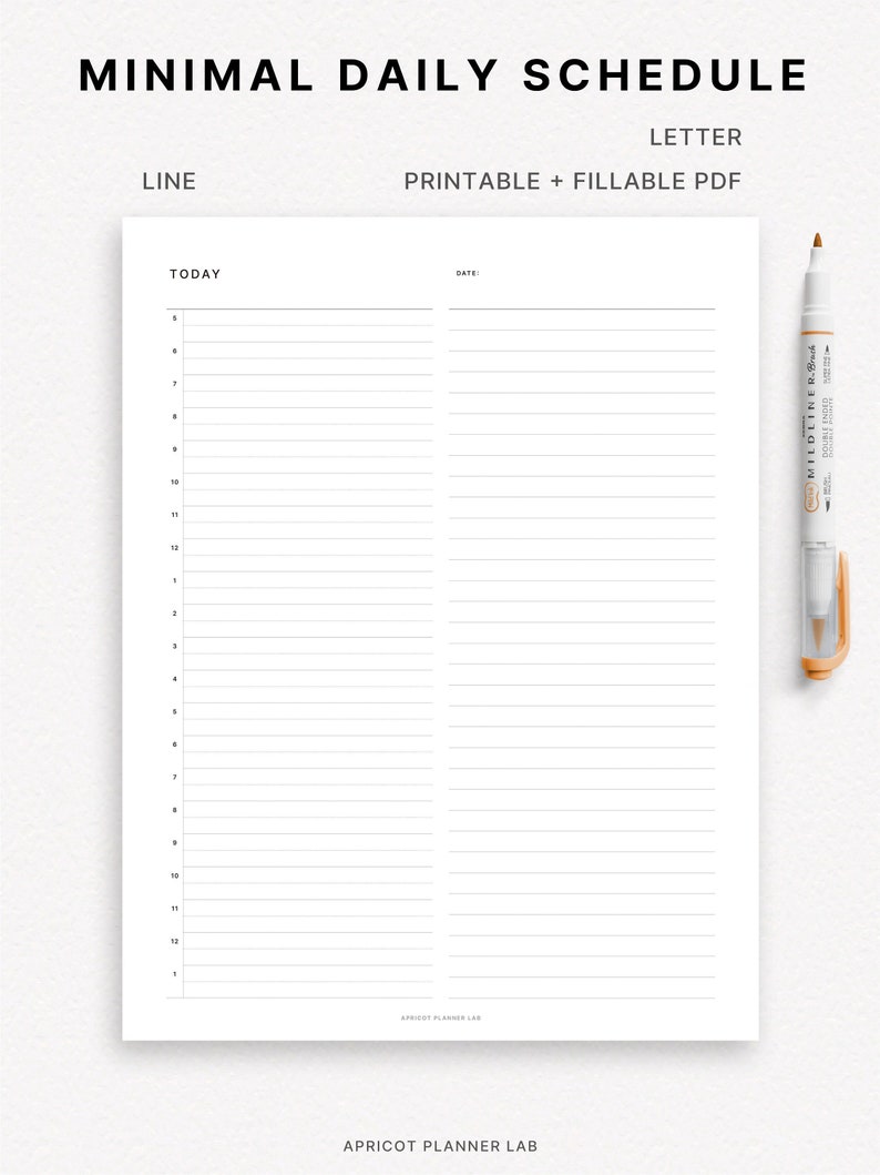 Minimal Daily Schedule | Letter | Line | Printable Planner Insert ...