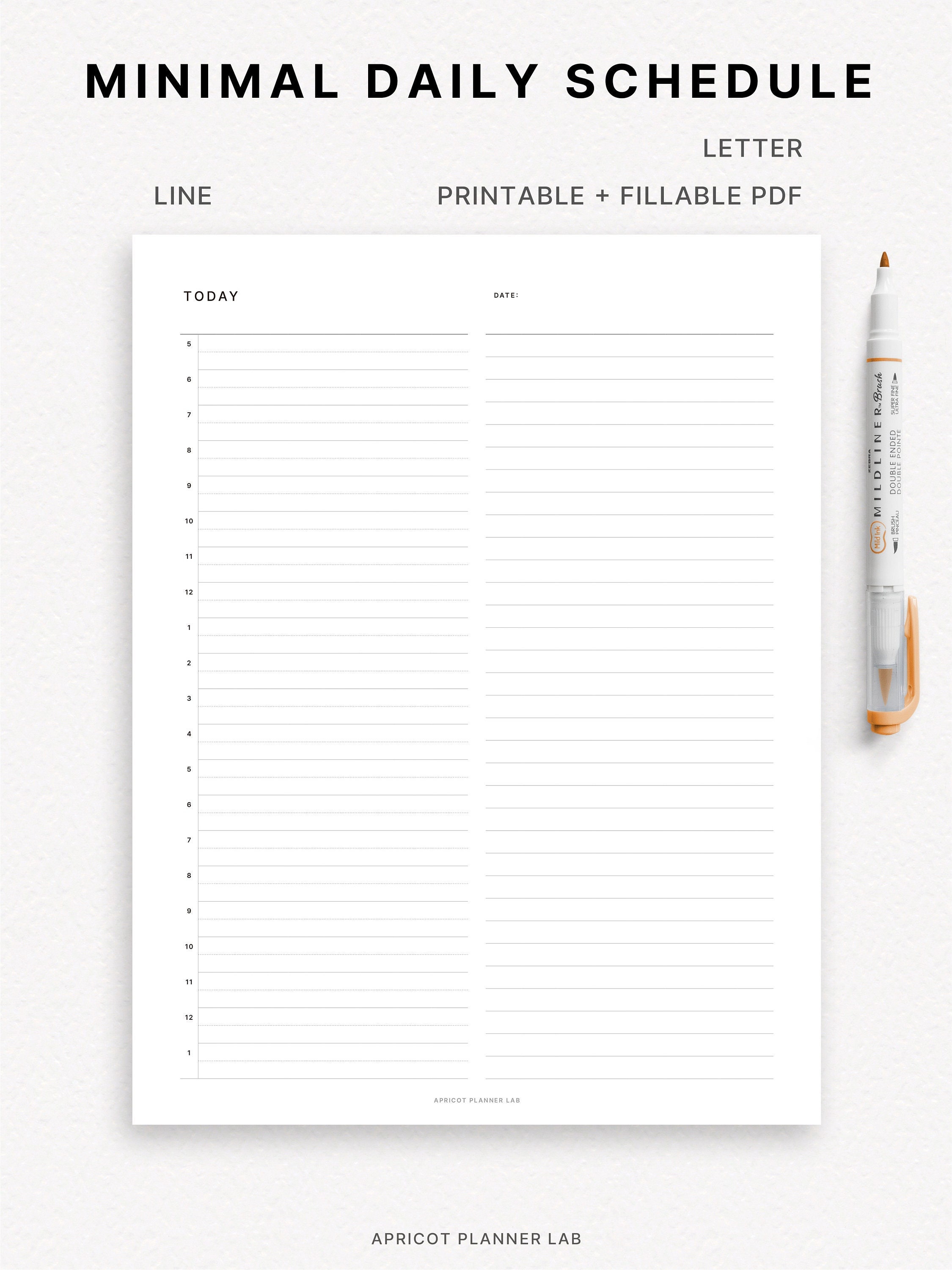 Minimal Daily Schedule | Letter | Line | Printable Planner Insert ...