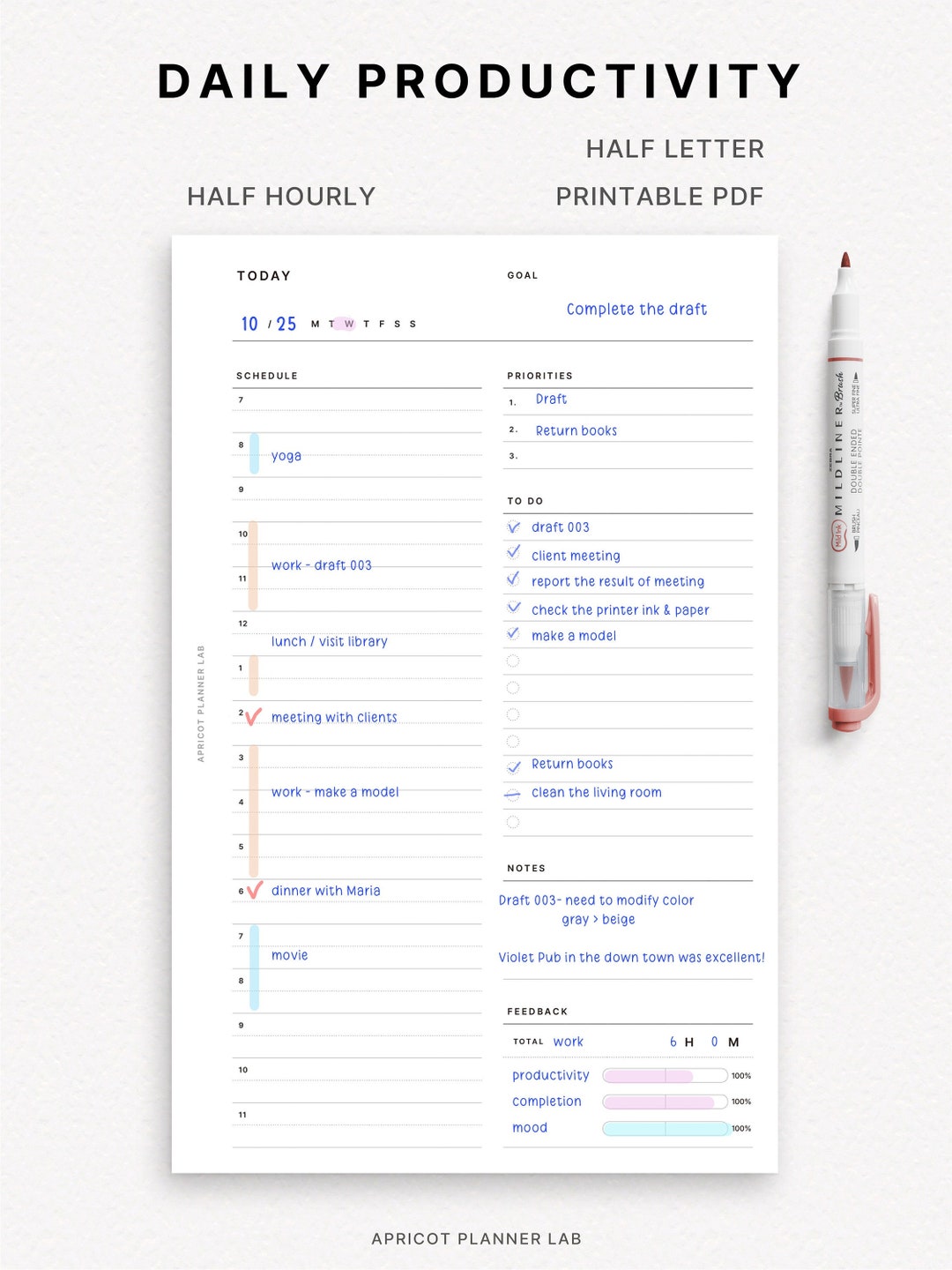 Daily Productivity Planner | Half Letter | Half Hourly Schedule ...