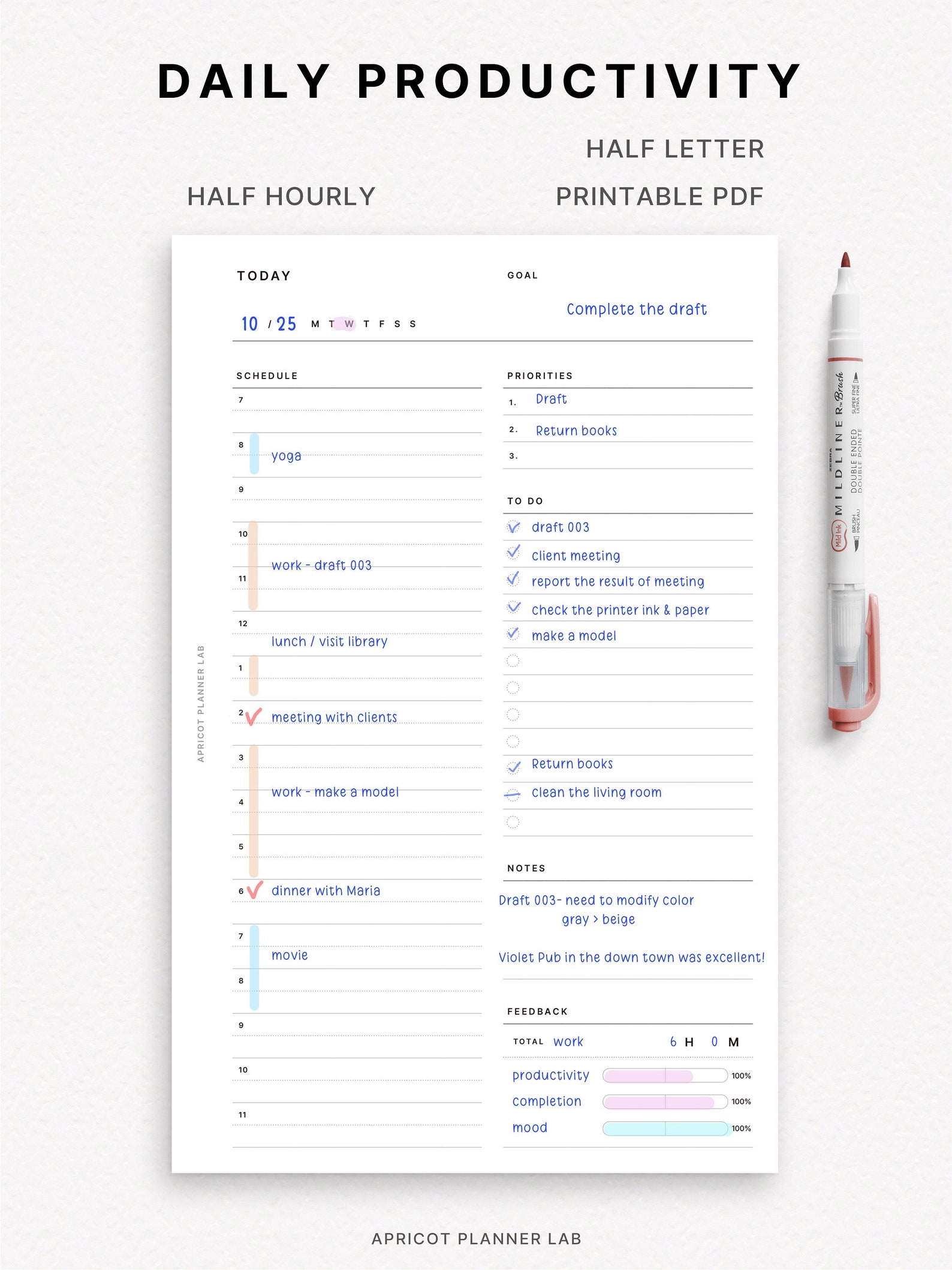 Daily Productivity Planner | Half Letter | Half Hourly Schedule ...