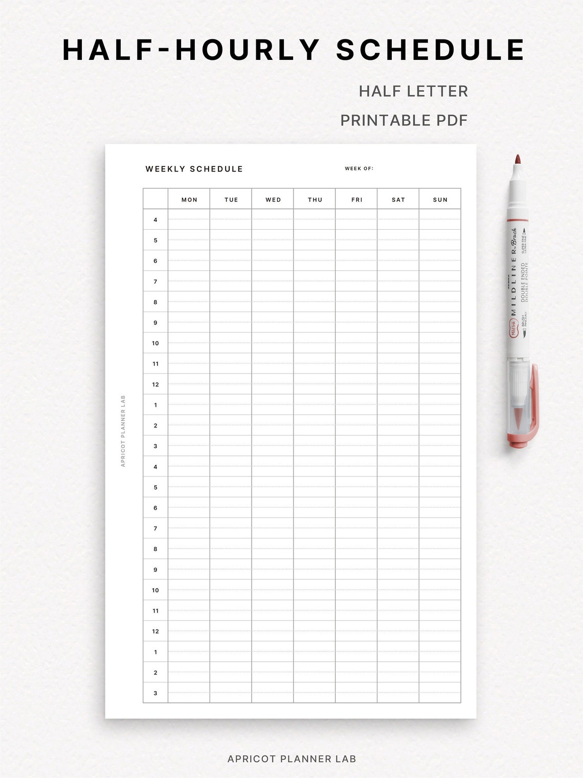 Half Hourly Schedule | Half Letter | Printable Weekly Planner Insert ...