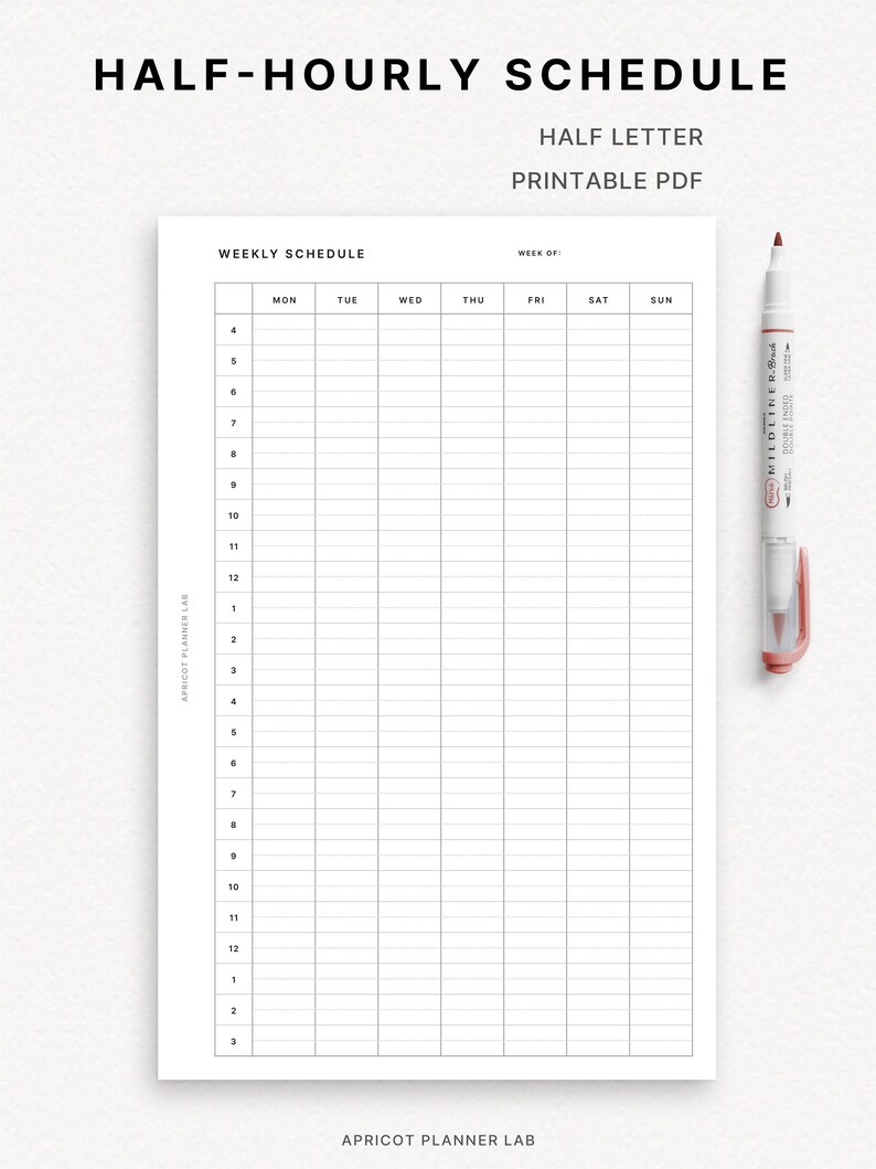 Half Hourly Schedule | Half Letter | Printable Weekly Planner Insert ...