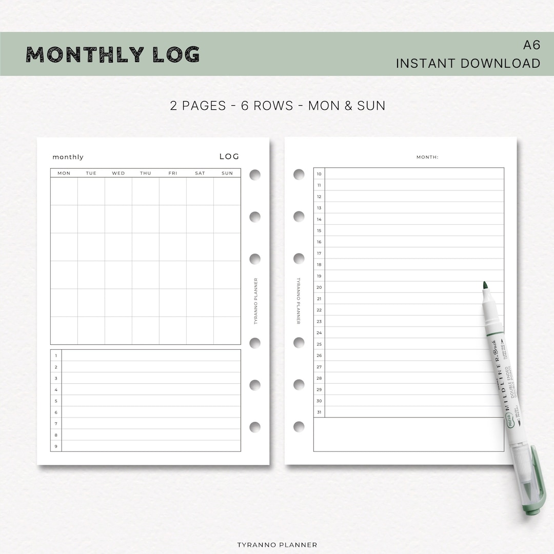 M003-A6 Monthly Log Monthly Tracker Template Exercise, Habit, Project ...