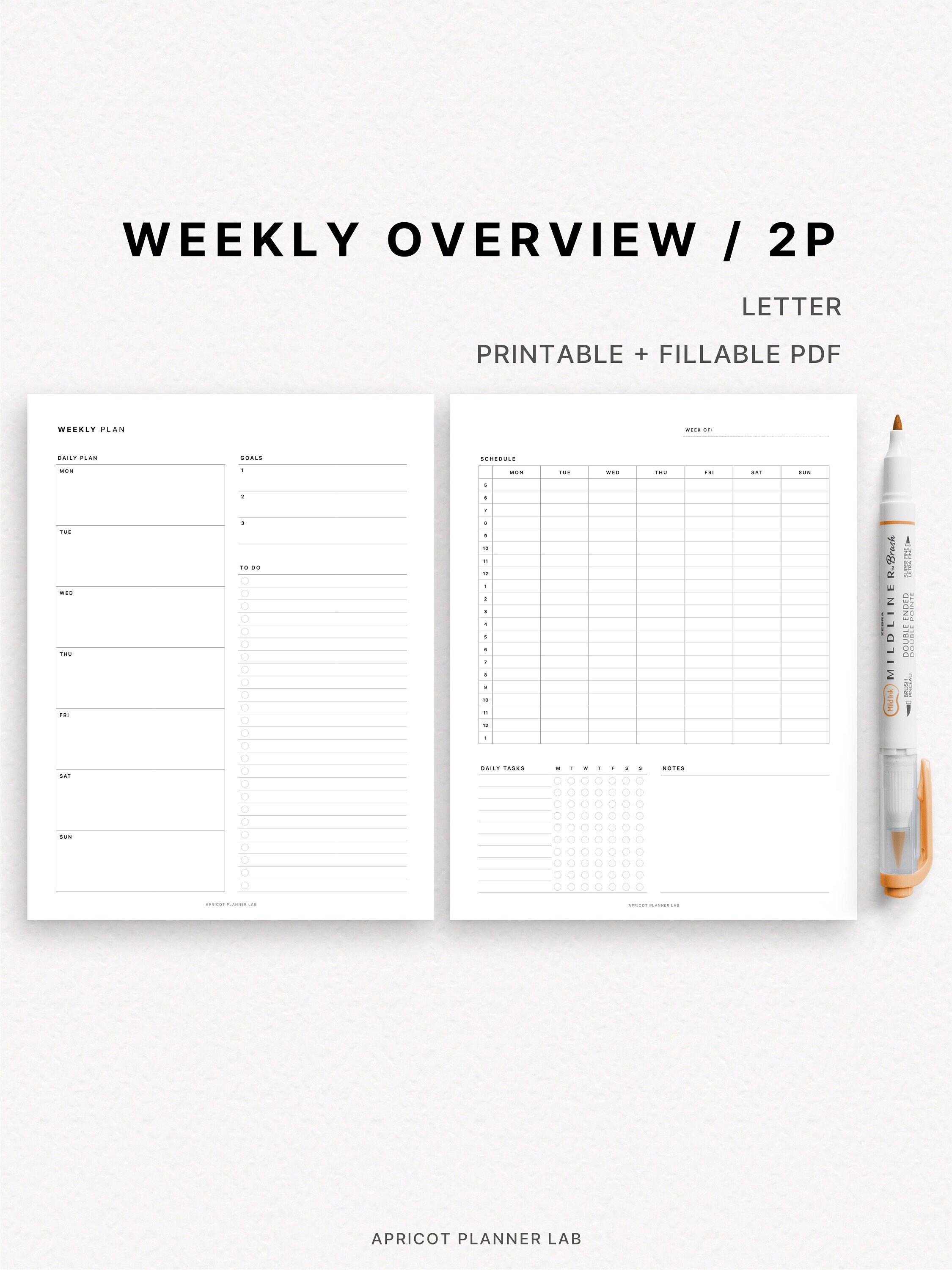 Weekly Overview | Letter | Printable Planner Insert | WO2P | Week on 2 ...