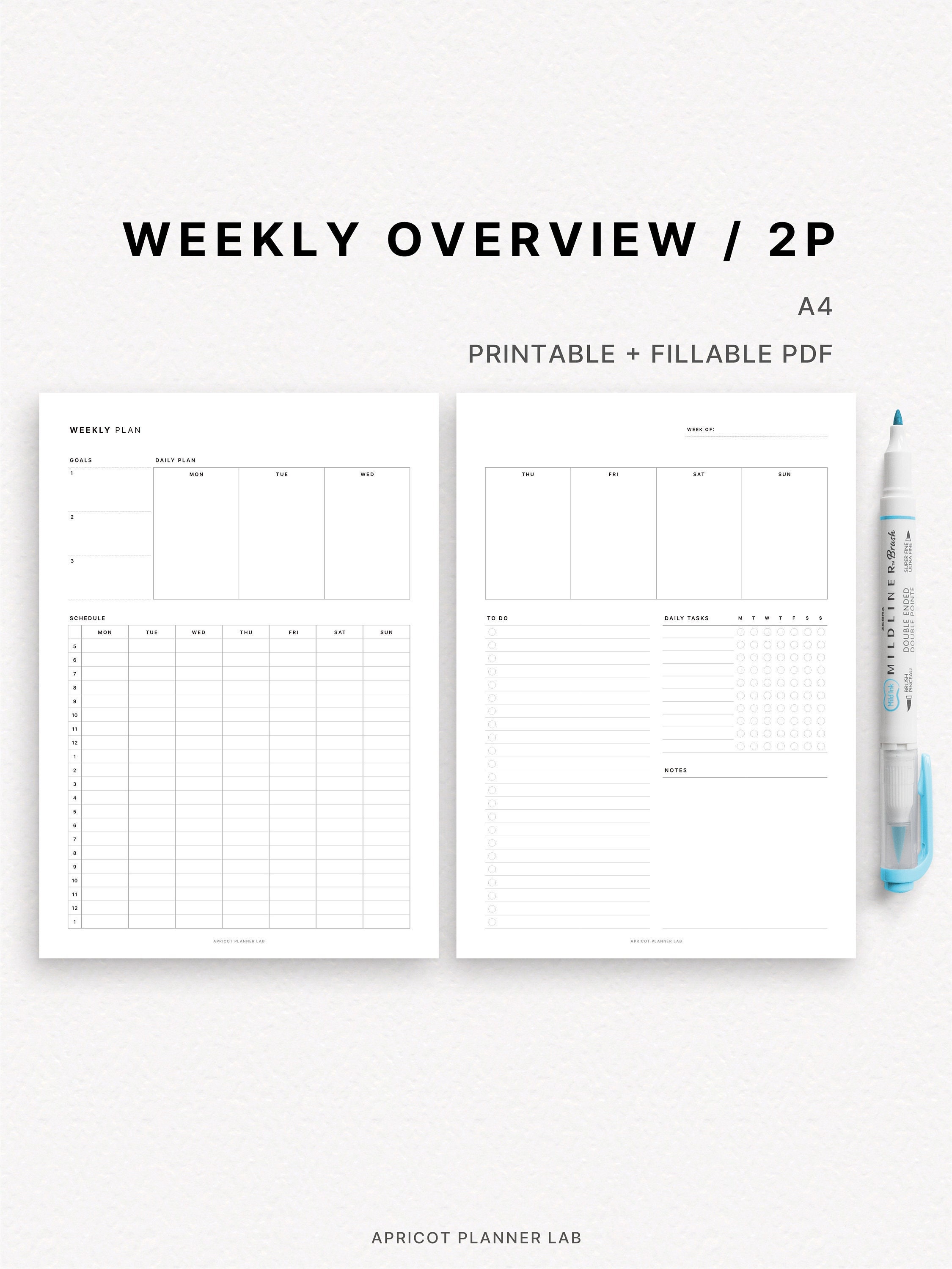 Weekly Overview A4 Printable Planner Insert WO2P Week on 2 Pages ...