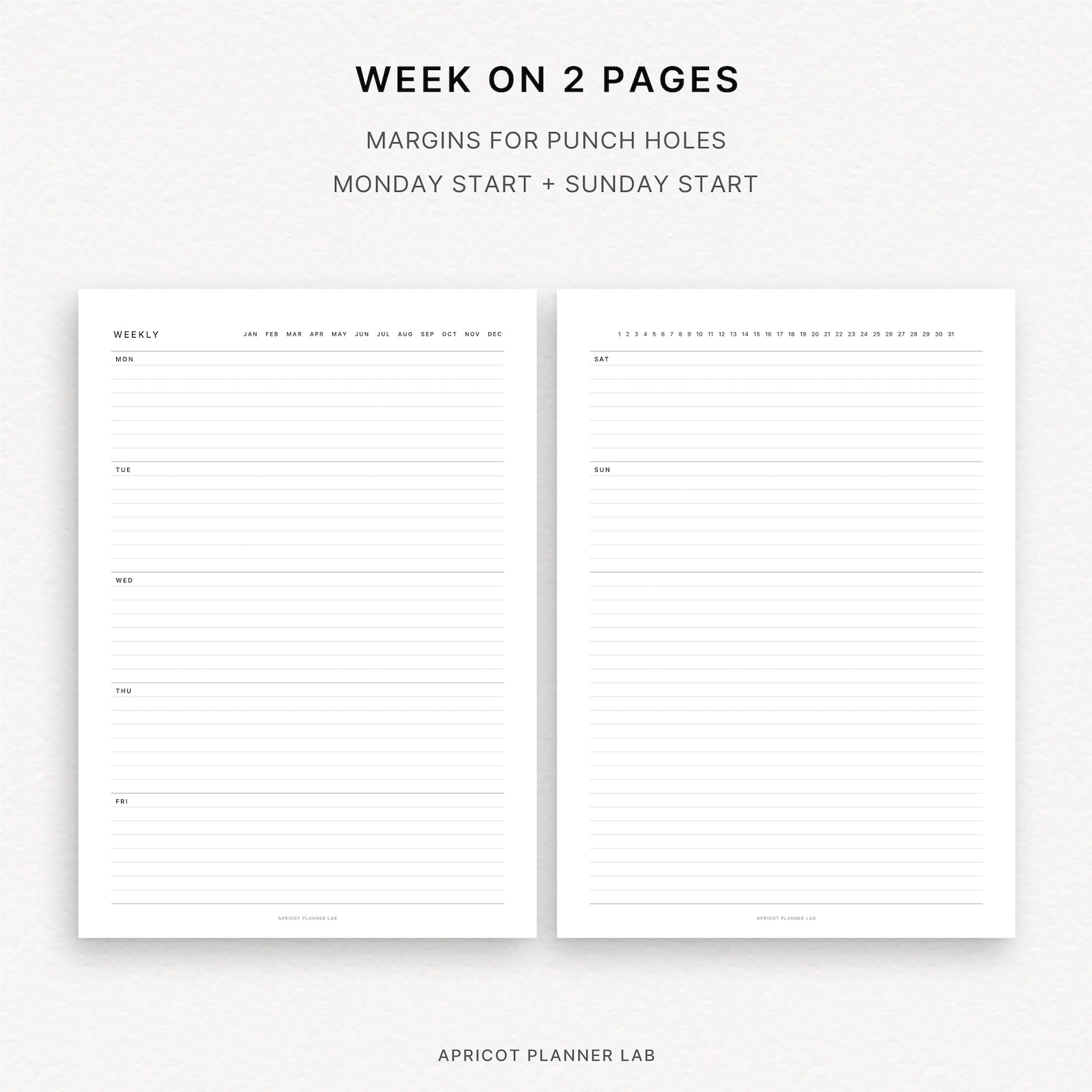 Simple Weekly Diary Line A4 Printable Planner Insert WO2P Horizontal ...