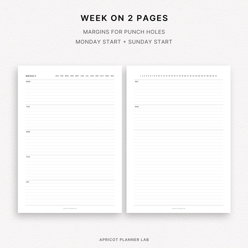 Simple Weekly Diary Line A4 Printable Planner Insert WO2P Horizontal ...