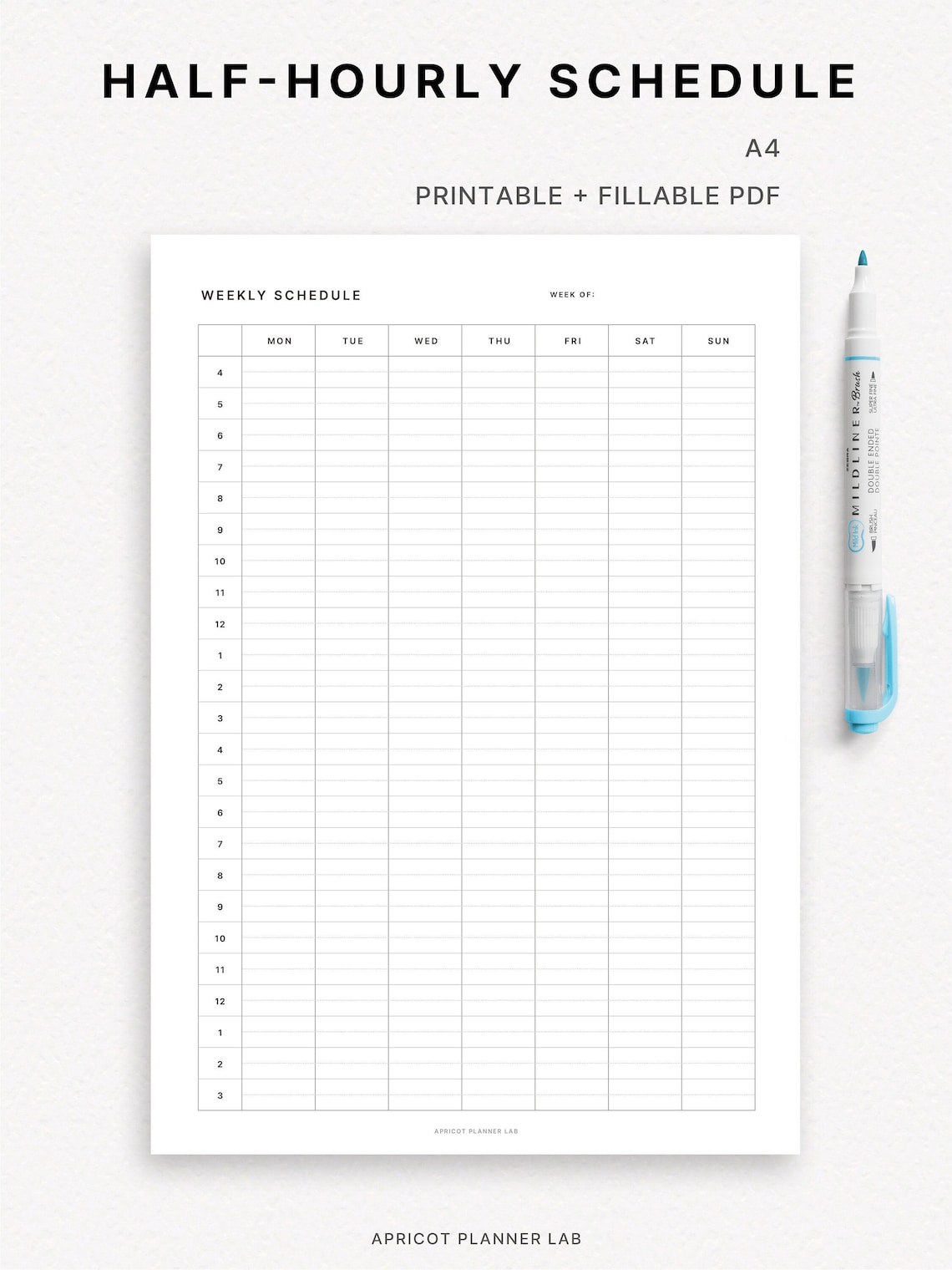 Half Hourly Schedule A4 Printable Weekly Planner Insert 24 Hours Half ...