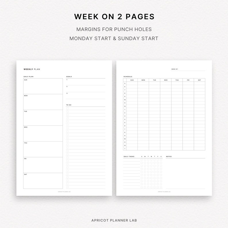 Weekly Overview | A4 | Printable Planner Insert | WO2P | Week on 2 ...