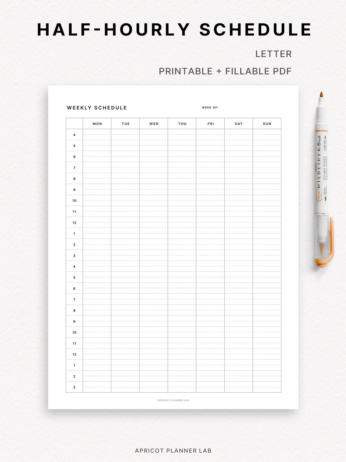 Half Hourly Schedule Letter Printable Weekly Planner - Etsy