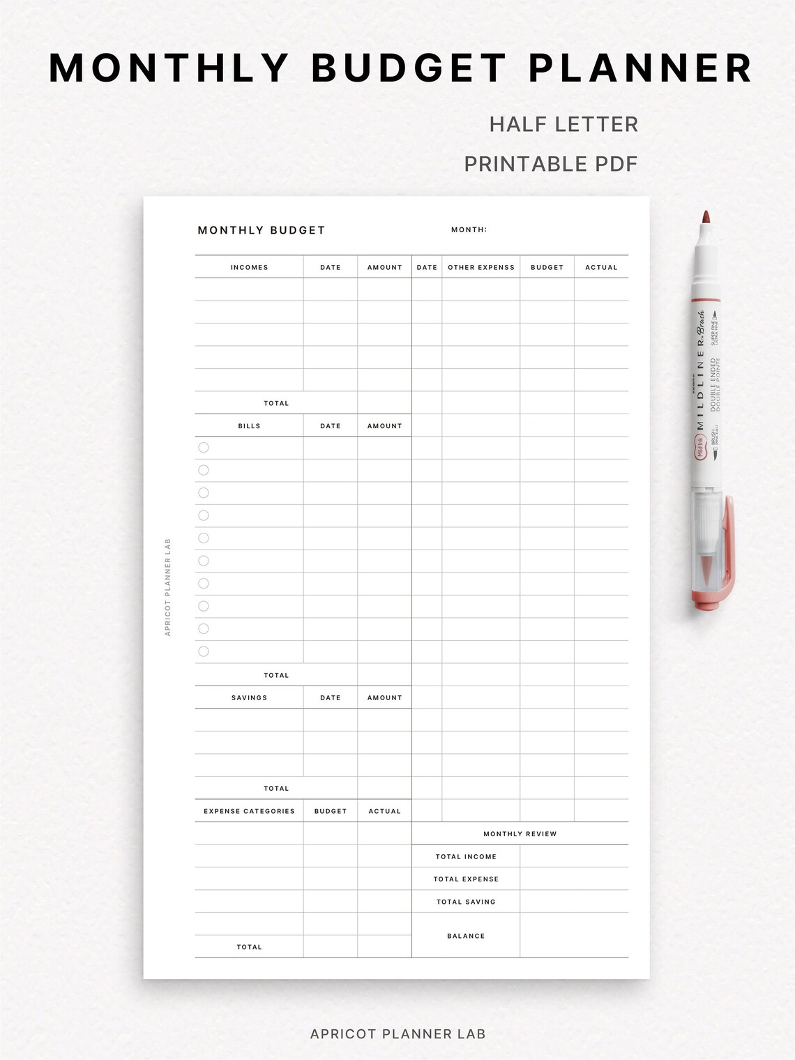 Monthly Budget Planner Half Letter Printable Planner Insert MO1P ...