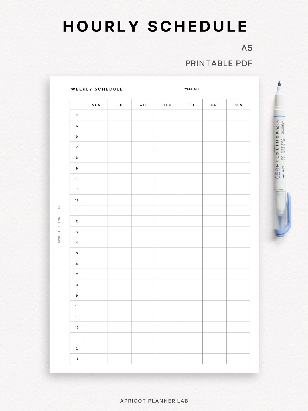 Hourly Schedule A5 Printable Weekly Planner Insert 24 Hours Weekly ...