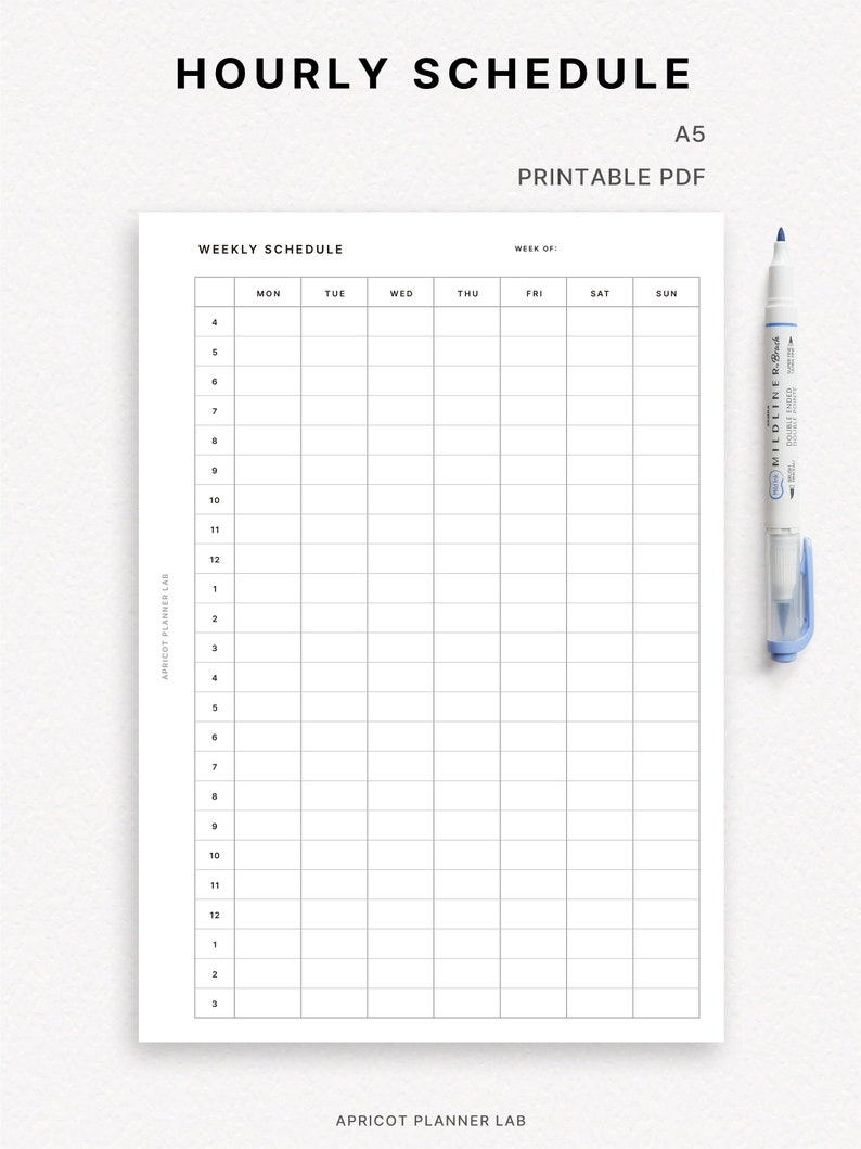 Hourly Schedule A5 Printable Weekly Planner Insert 24 Hours Weekly ...