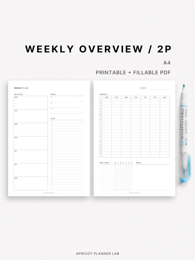 Weekly Overview | A4 | Printable Planner Insert | WO2P | Week on 2 ...