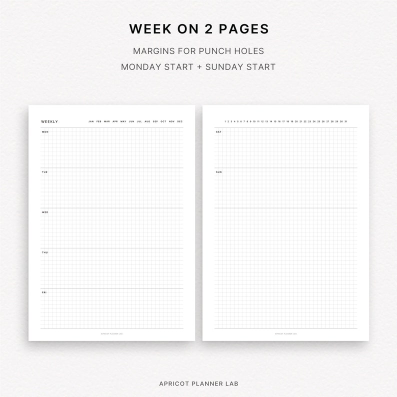 Simple Weekly Diary Grid A4 Printable Planner Insert WO2P Horizontal ...
