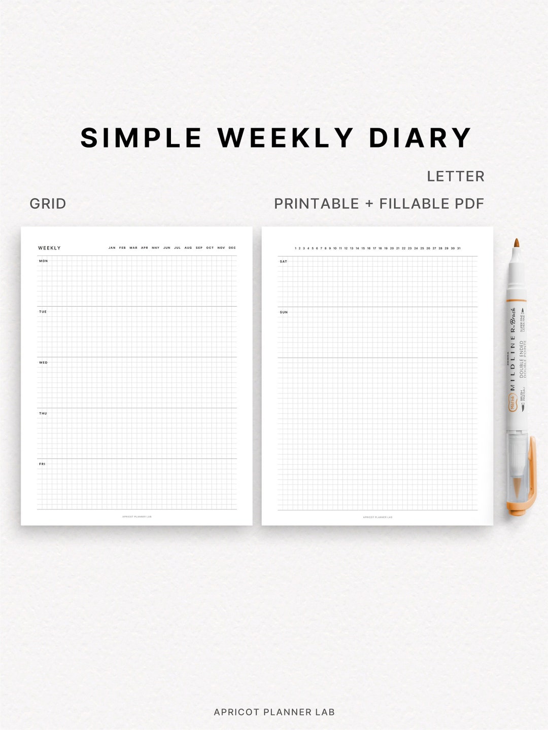 Simple Weekly Diary | Letter | Grid | Printable Planner Insert | WO2P ...