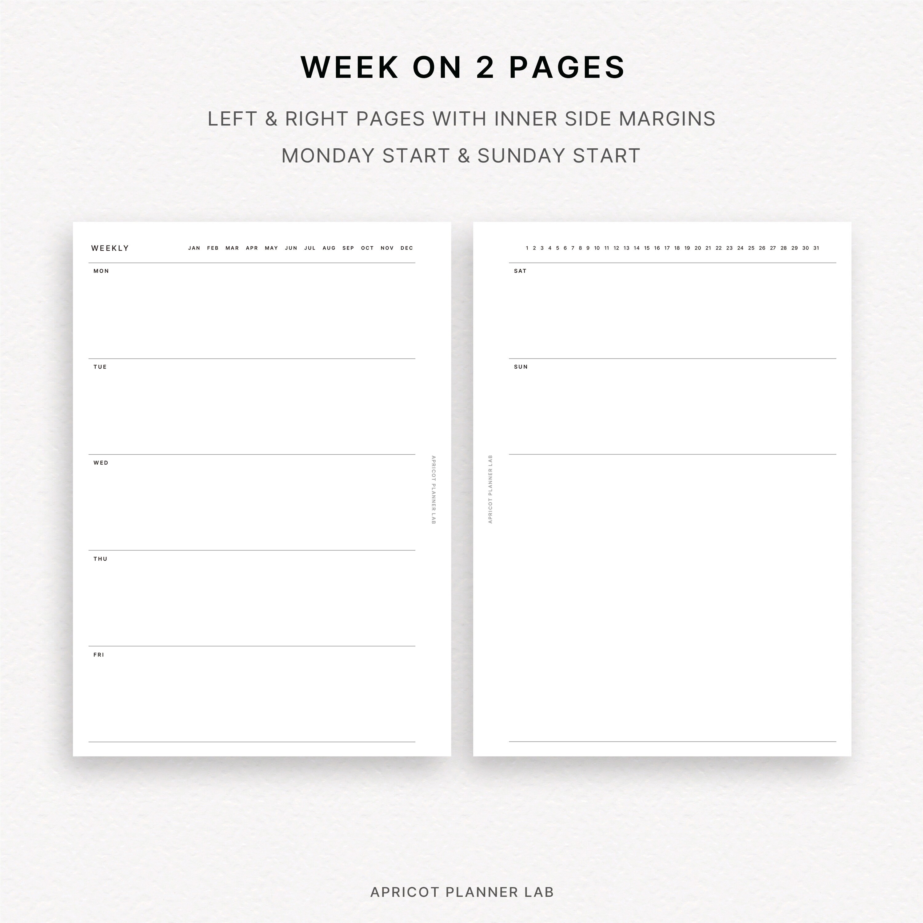Simple Weekly Diary A5 Printable Planner Insert Blank WO2P Horizontal ...