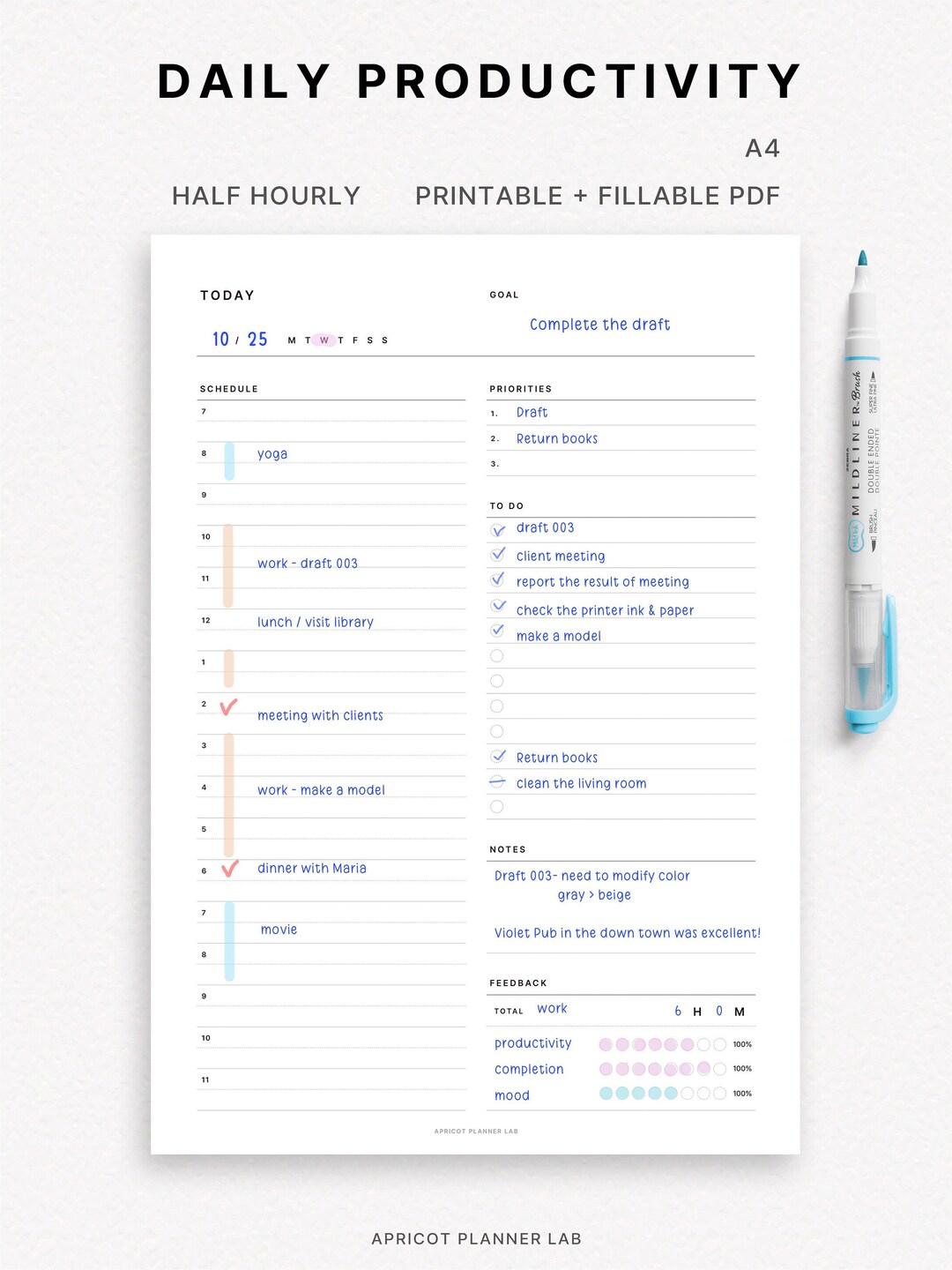 Daily Productivity Planner A4 Half Hourly Schedule Printable Planner ...