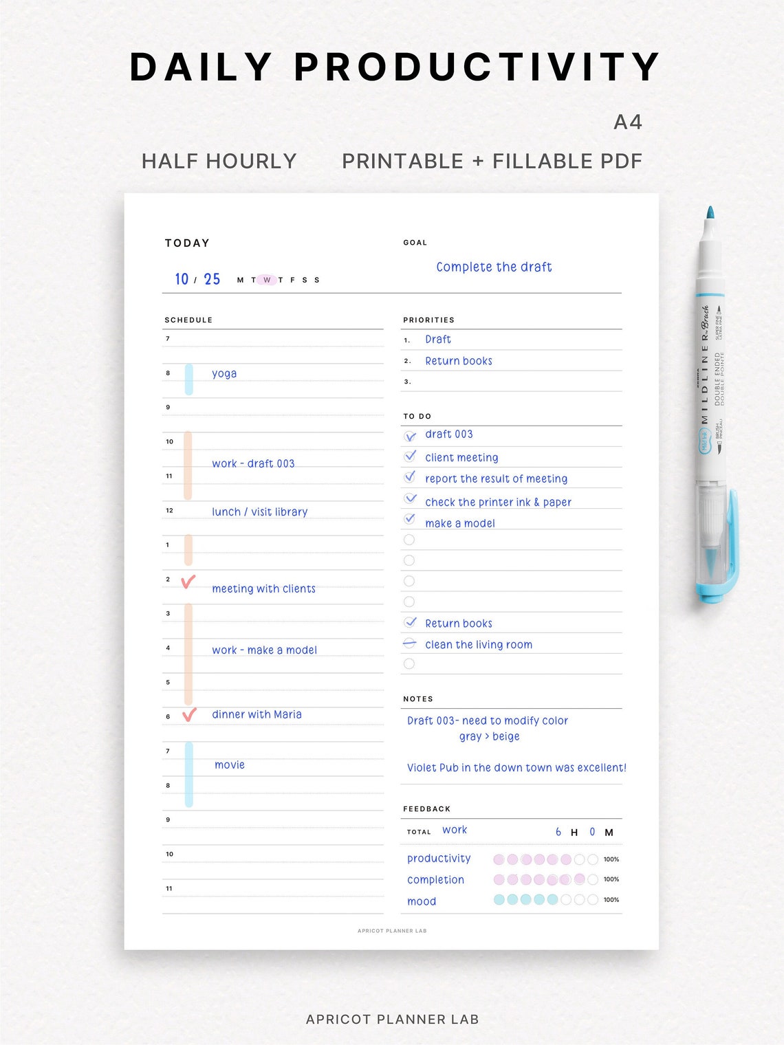 Daily Productivity Planner A4 Half Hourly Schedule Printable Planner ...