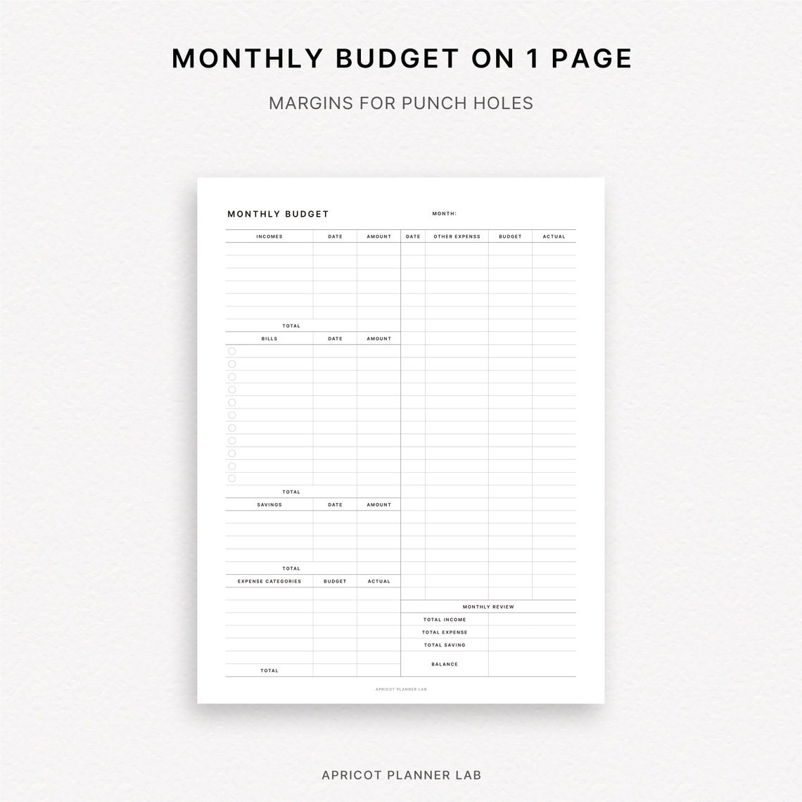 Monthly Budget Planner Letter Printable Planner Insert MO1P Expense ...