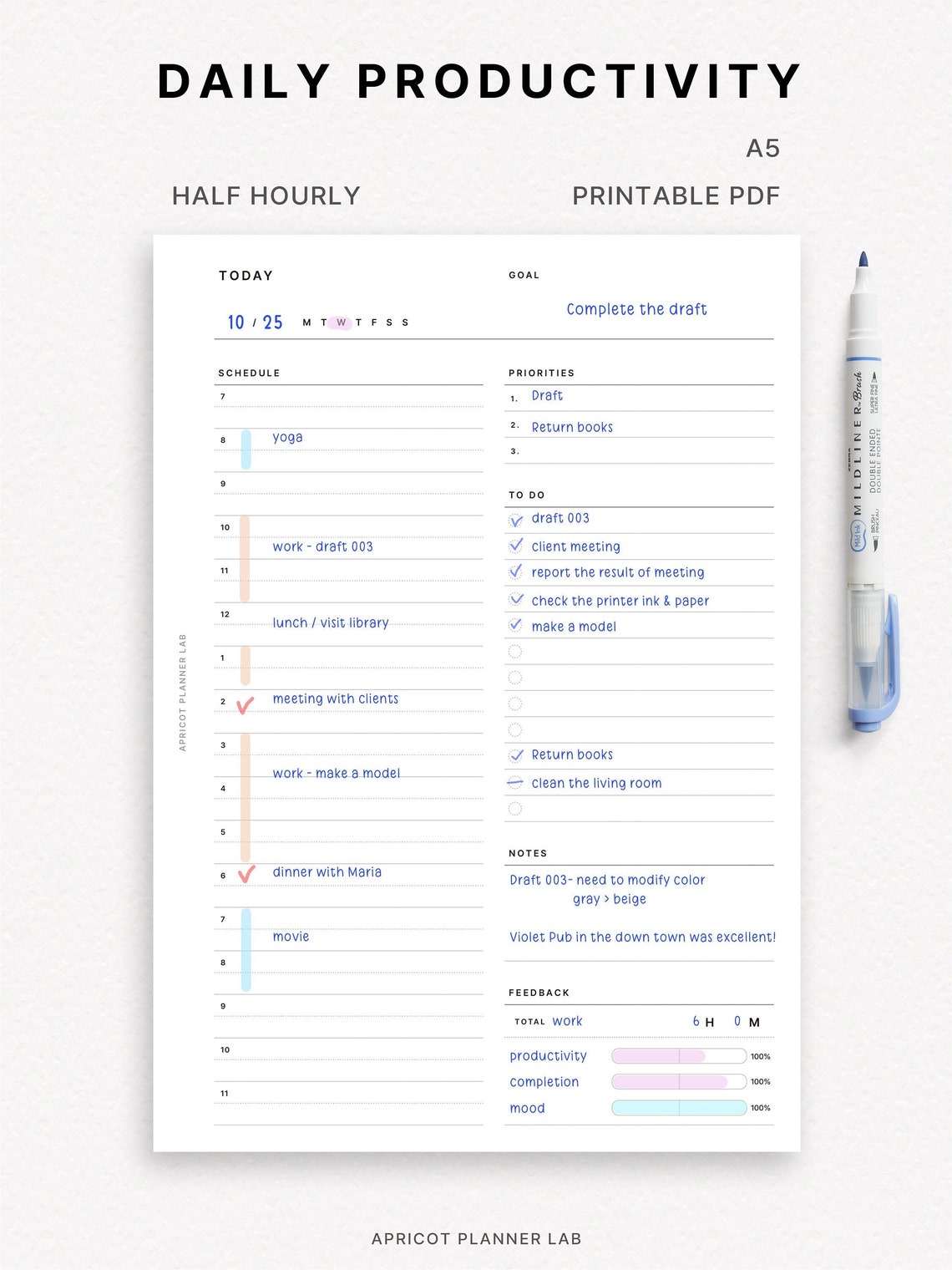 Daily Productivity Planner A5 Half Hourly Schedule Printable Daily ...