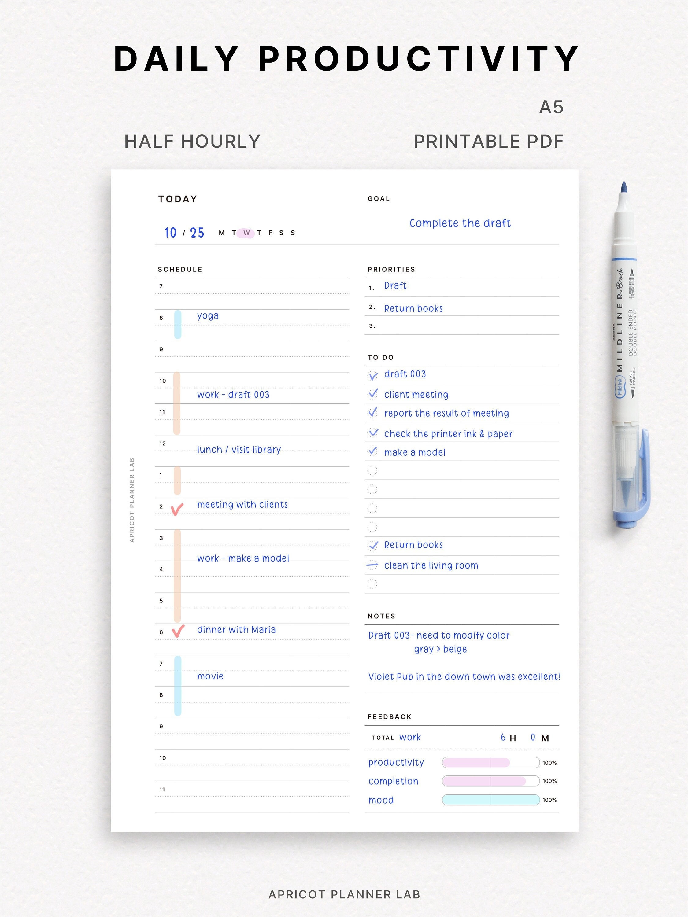 Daily Productivity Planner A5 Half Hourly Schedule Printable Daily ...