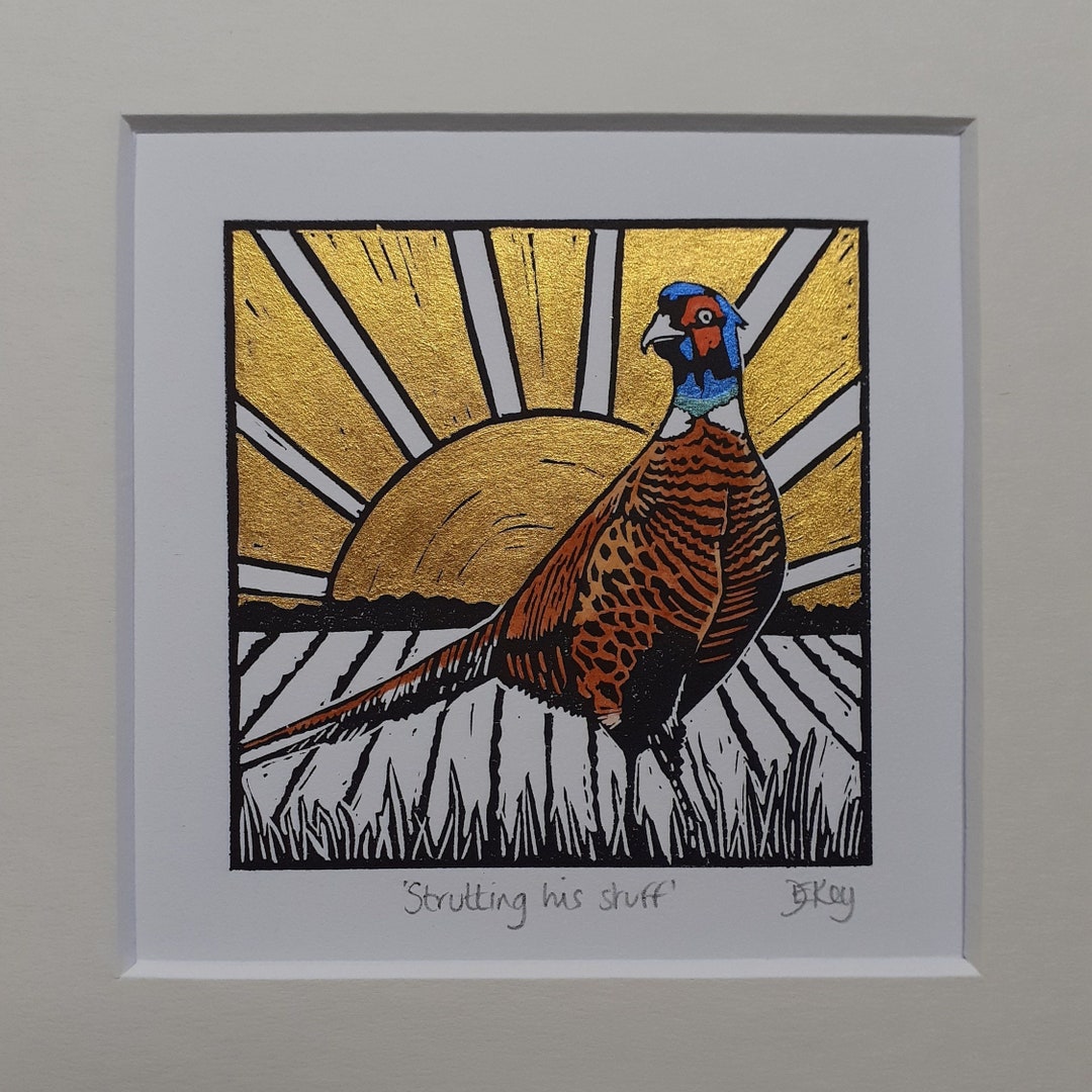 Strutting His Stuff - Original, Hand Painted, Mounted Linocut Print of ...